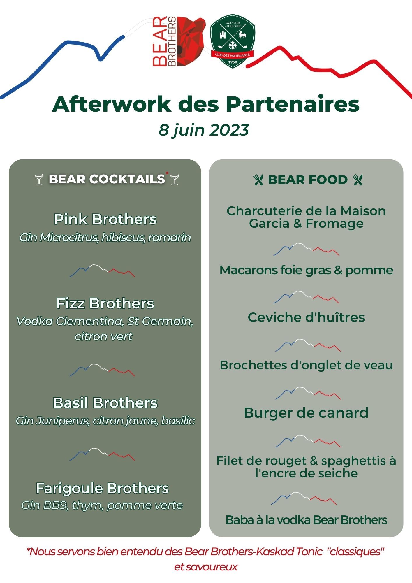 Golf Club de Toulouse - Actualités - Menu afterwork Partenaires Bear Brothers 2023